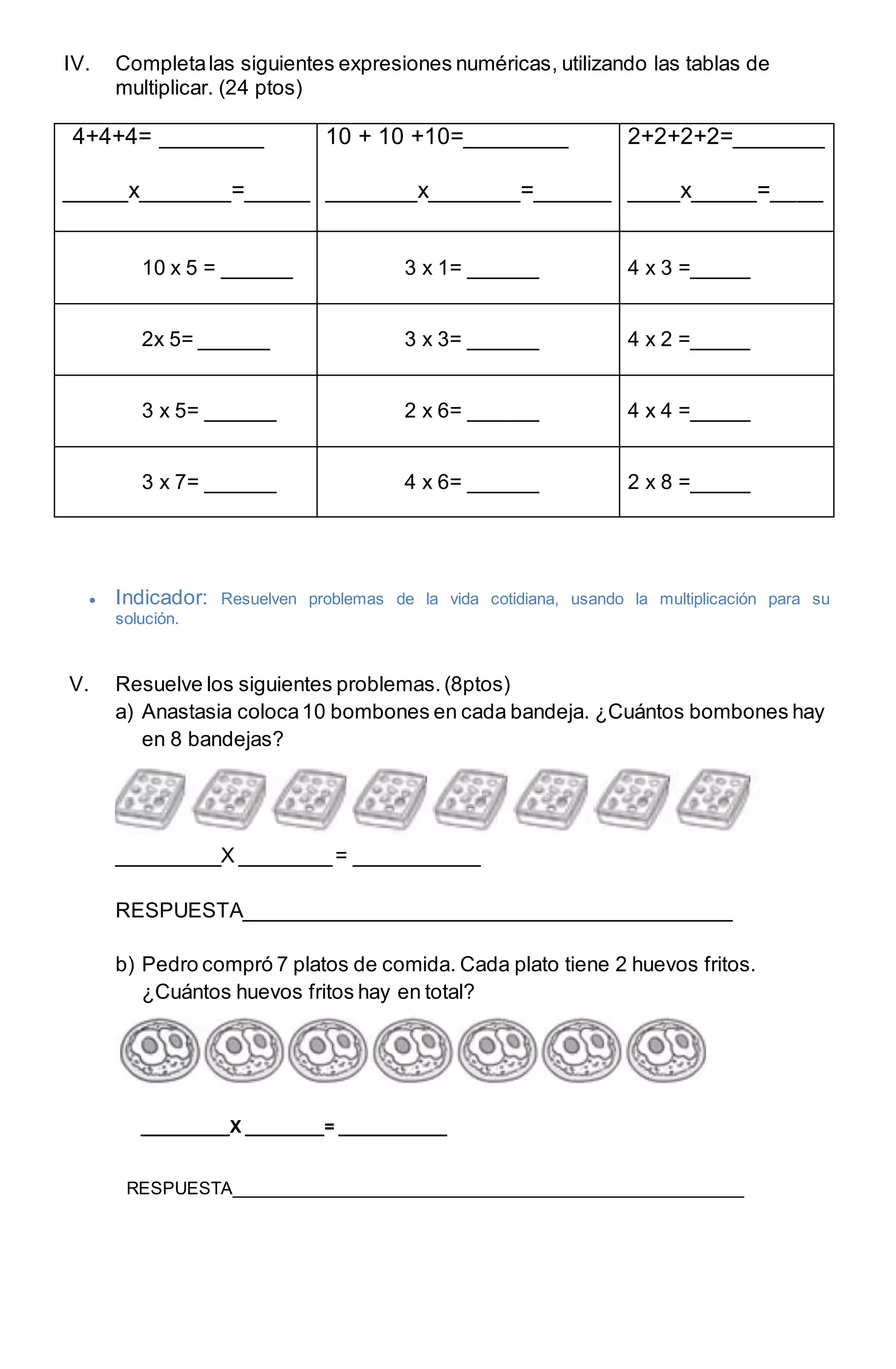 prueba de matemática multiplicaciones.docx | Educational Assessment ...