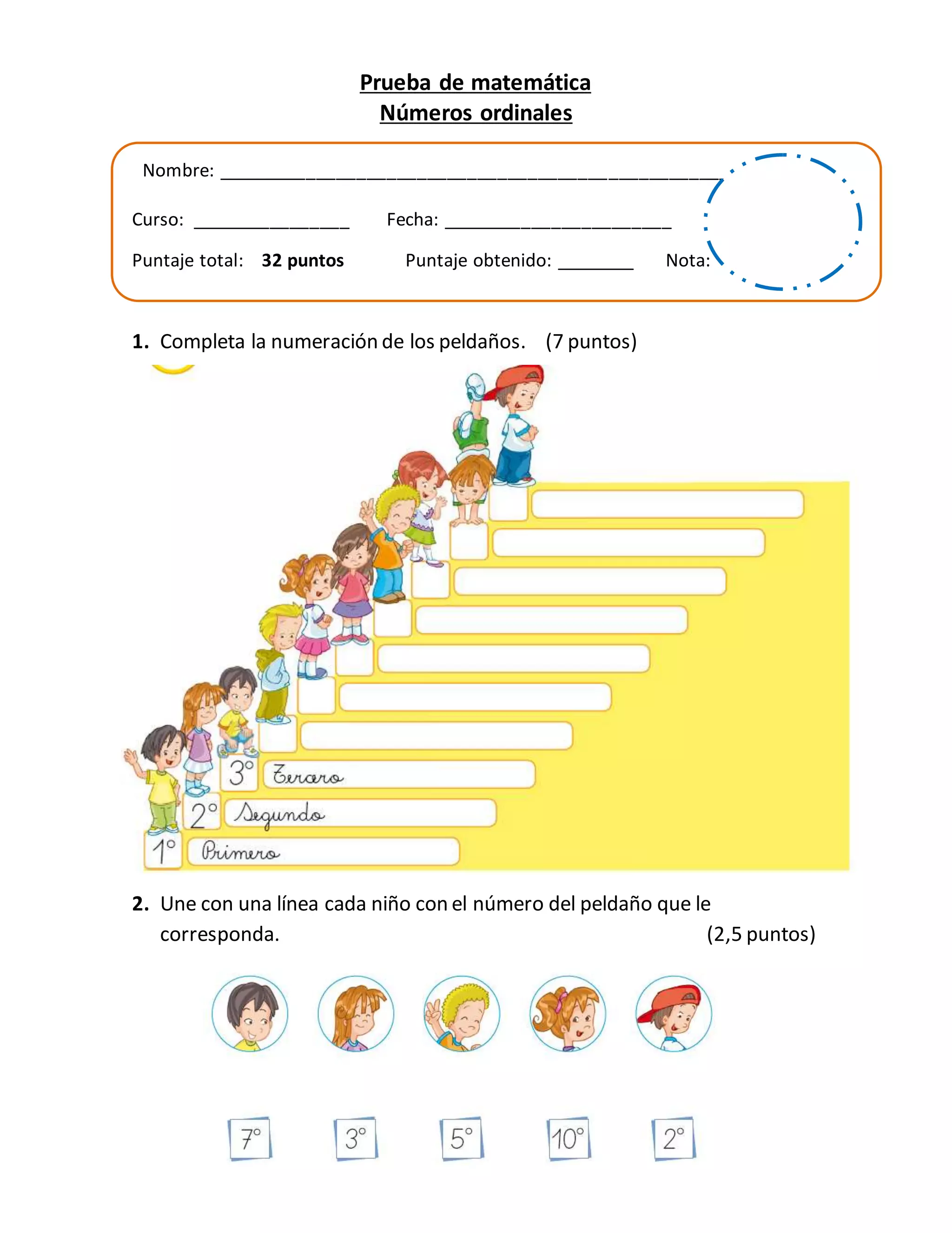 Prueba de numeros ordinales 1 basico | DOCX