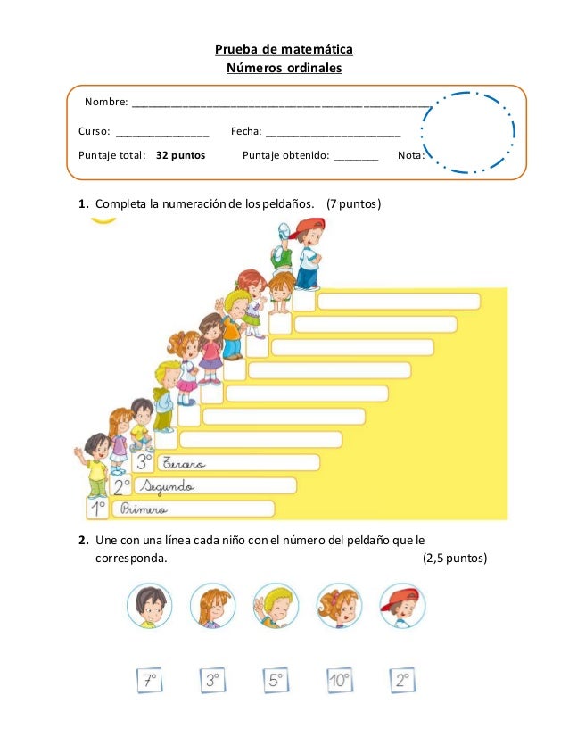 Prueba de numeros ordinales 1 basico