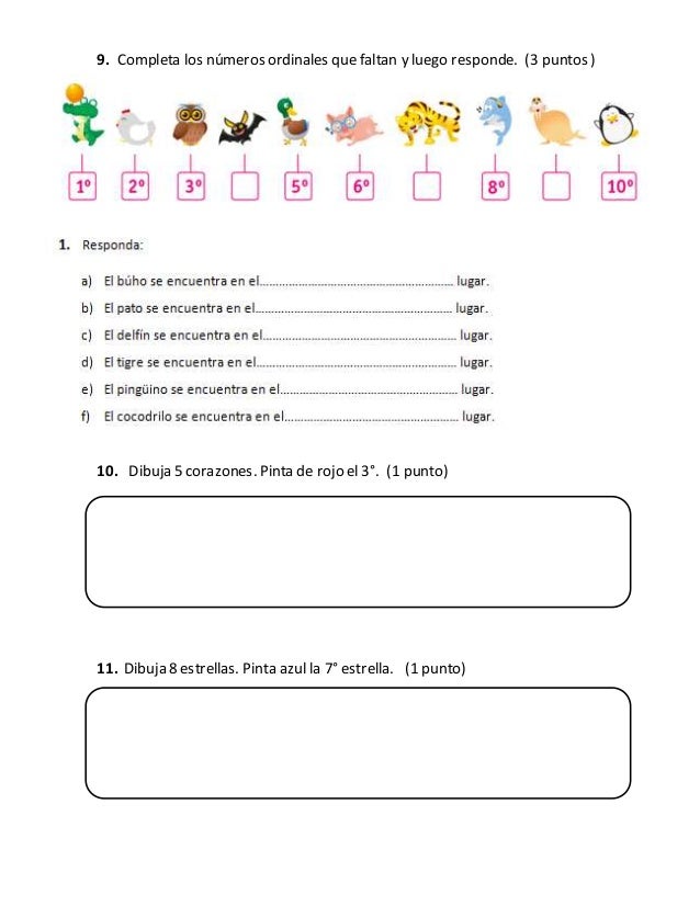 Prueba de numeros ordinales 1 basico