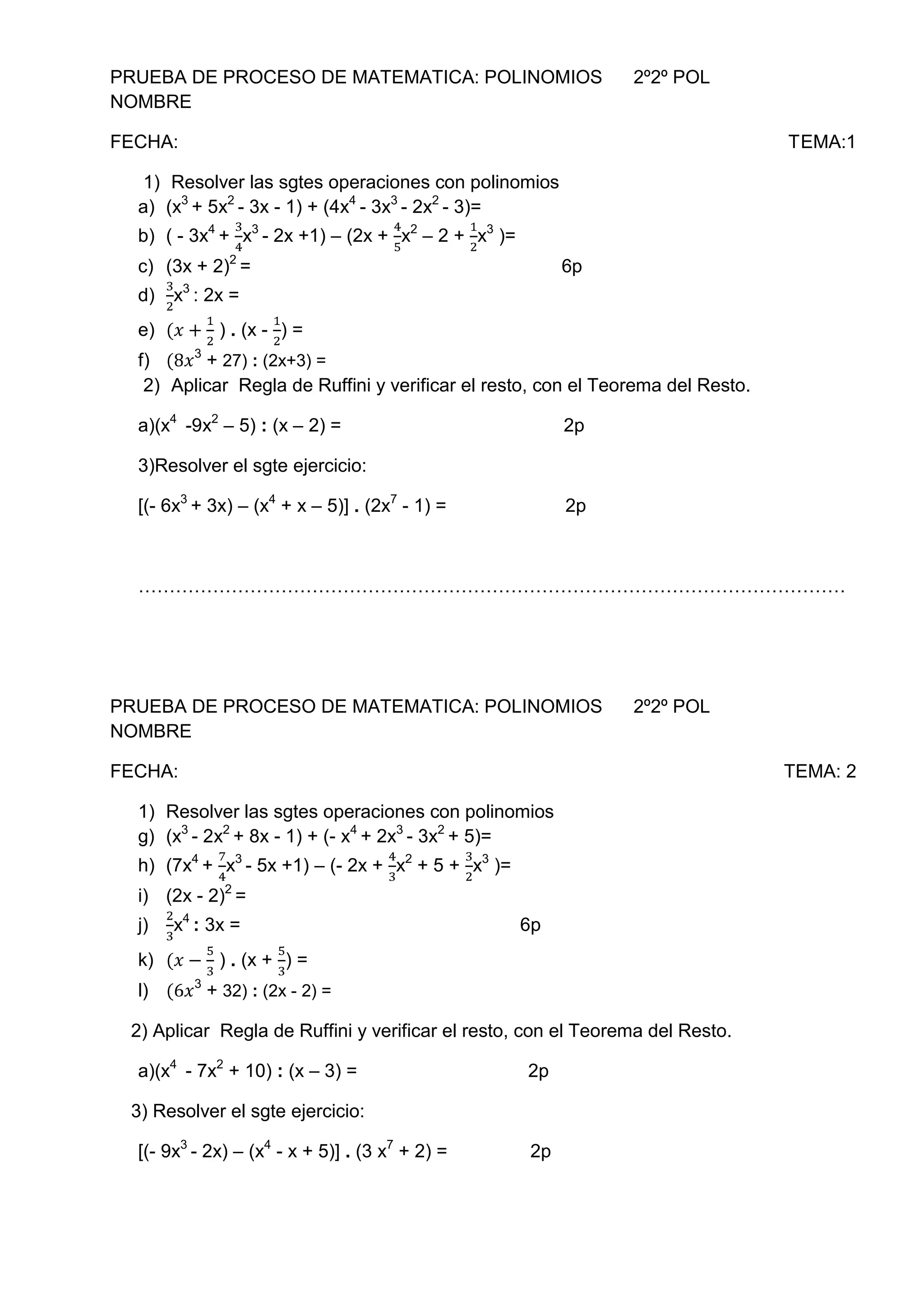 Prueba de proceso de matematica 2º2º polinomios | PDF