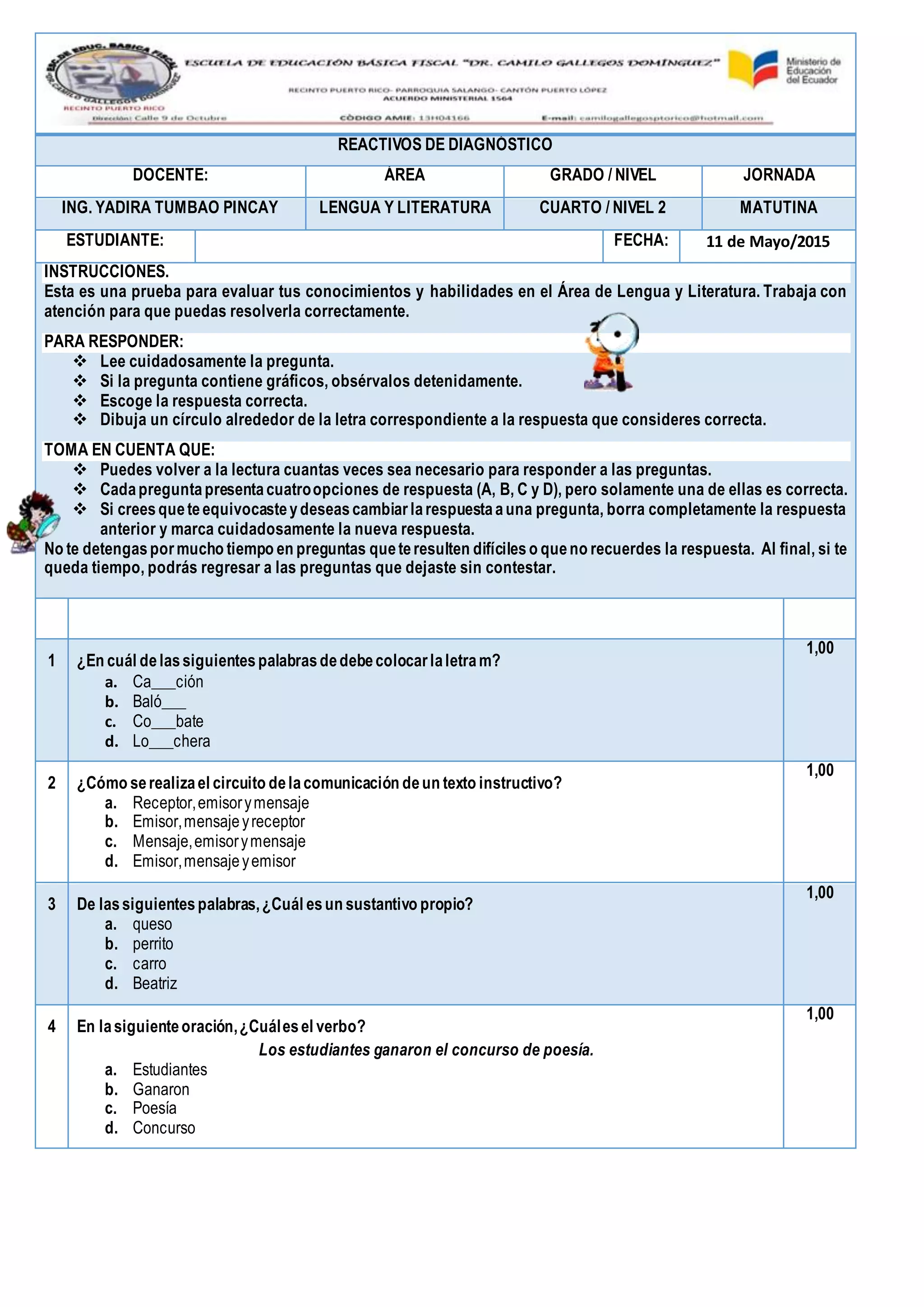 Prueba de Diagnostico 2015 Cuarto Grado de E.G.B | DOCX