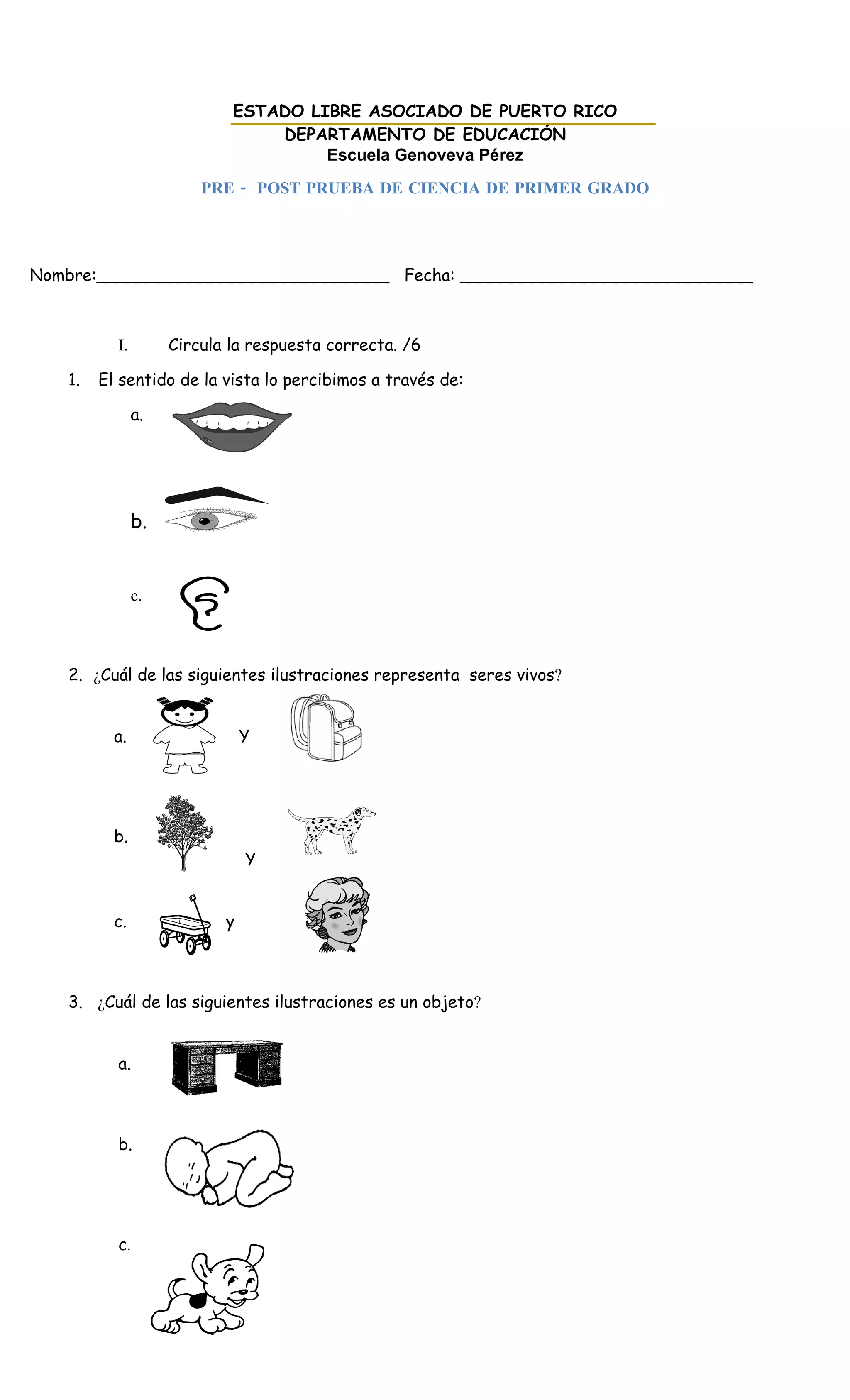Prueba diagnóstica de ciencia de primer grado 2010 2011 | DOC