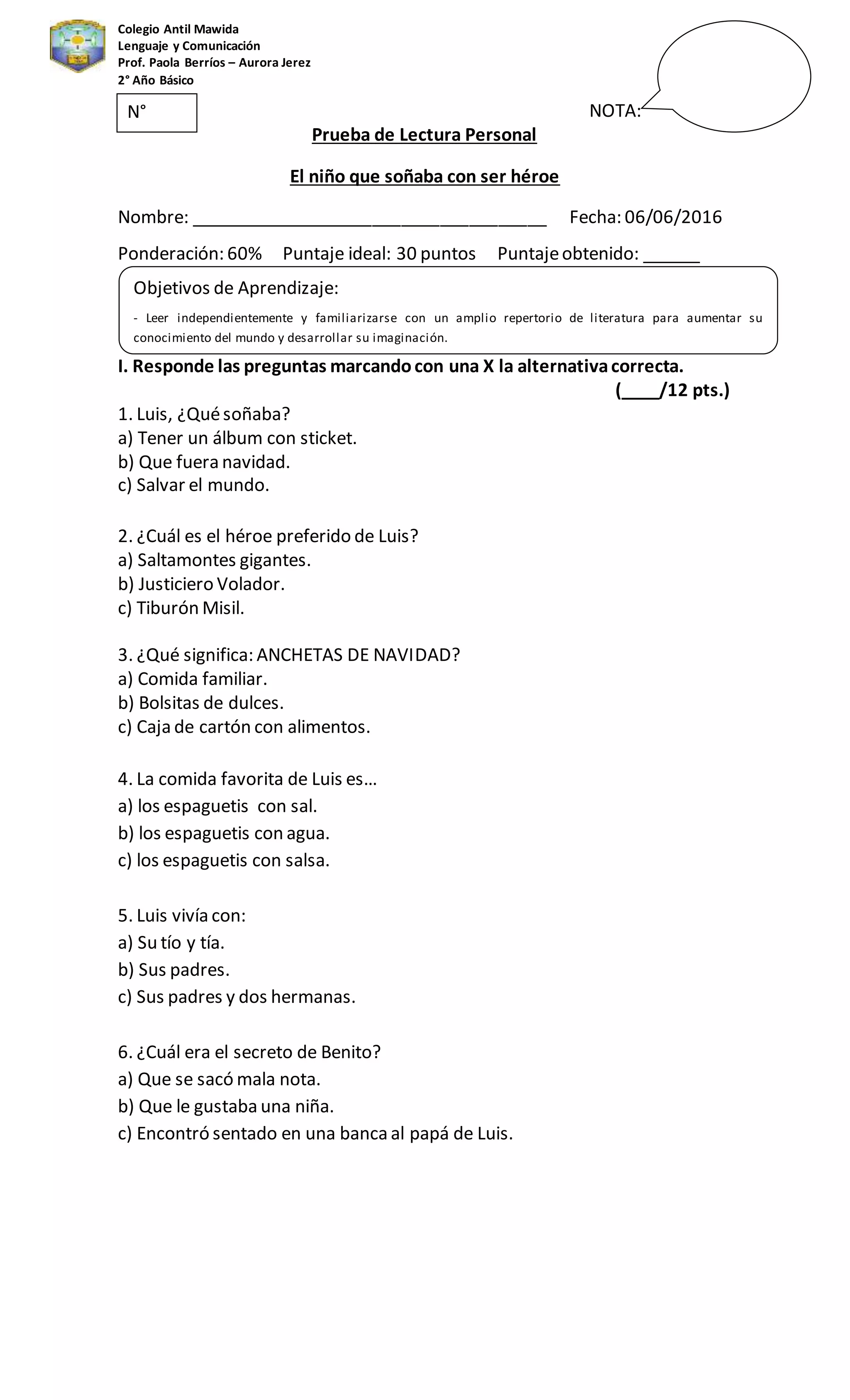 Prueba el niño que soñaba con ser héroe | DOCX
