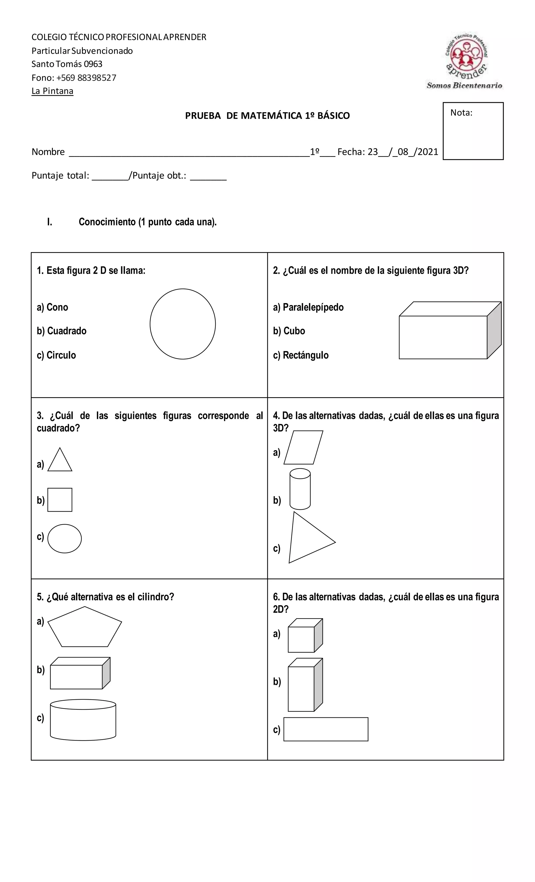 Prueba figuras 2 d y 3 d | DOCX