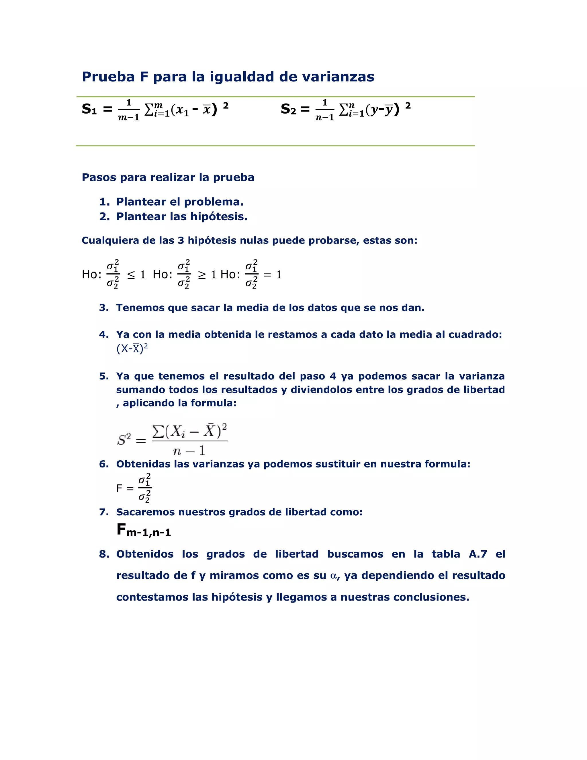 Prueba f para la igualdad de varianzas | DOCX