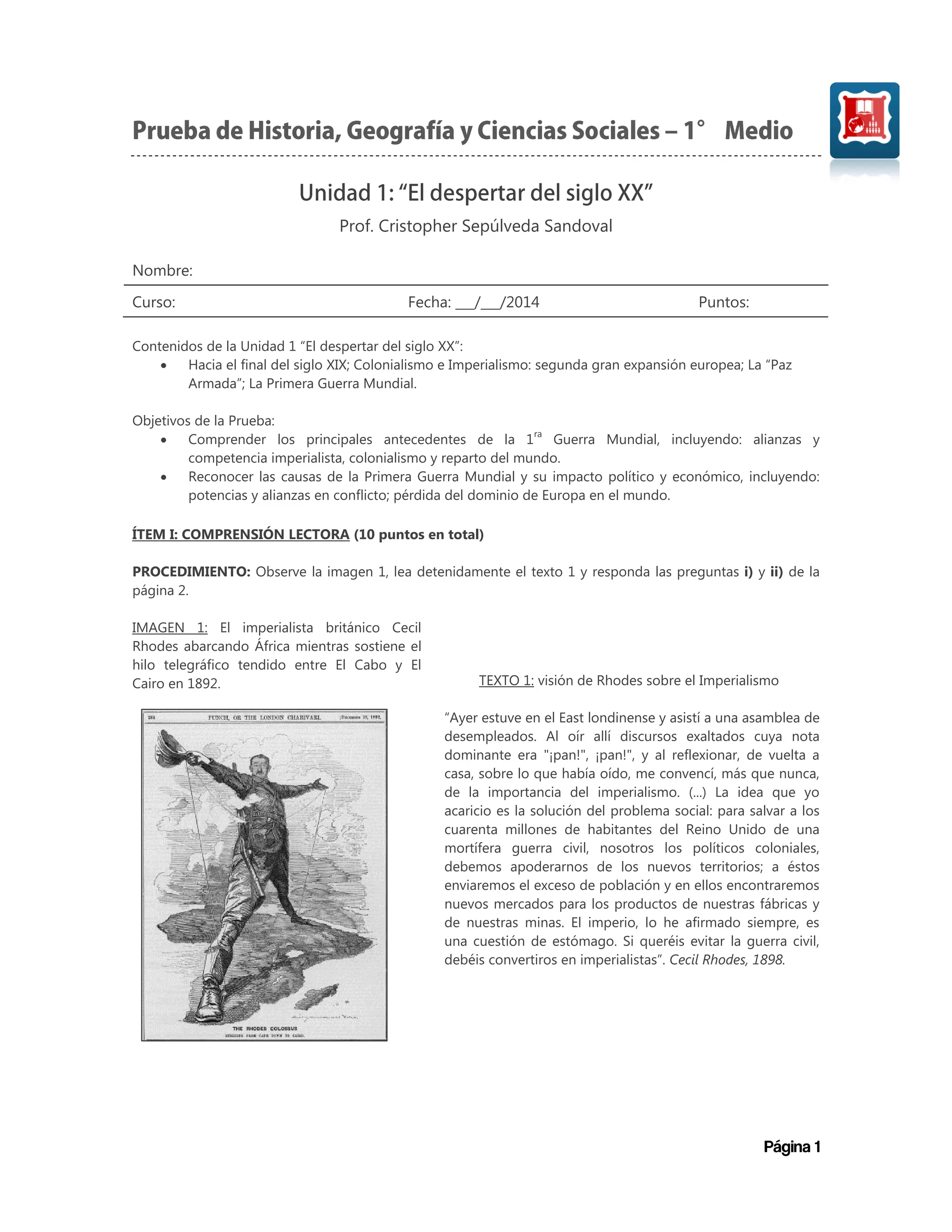 Prueba Imperialismo, Colonialismo y Primera Guerra Mundial | PDF