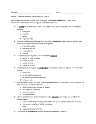 Prueba I vocabulario Otra maldad de Pateco | PDF