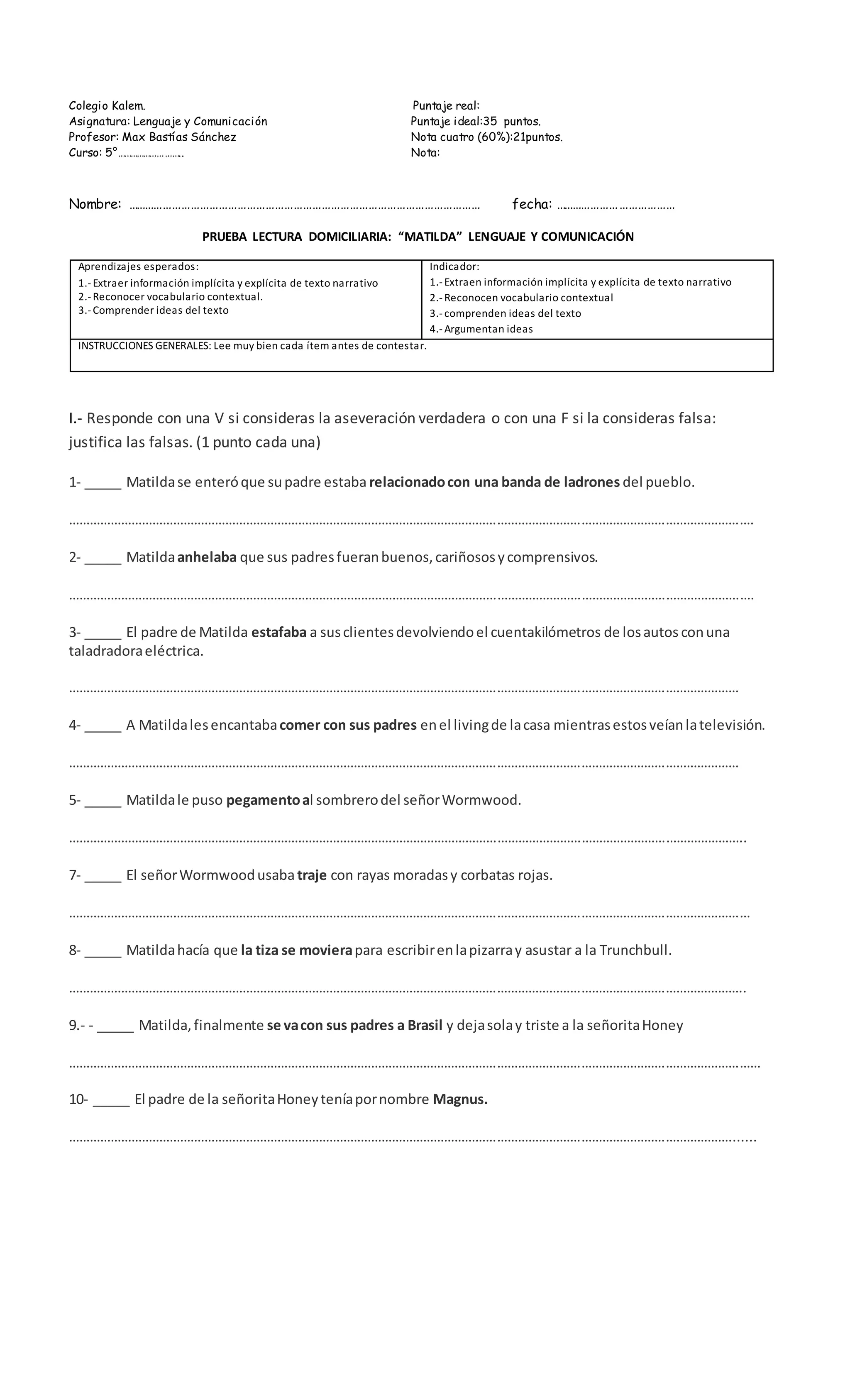 Prueba matilda 6° | DOCX