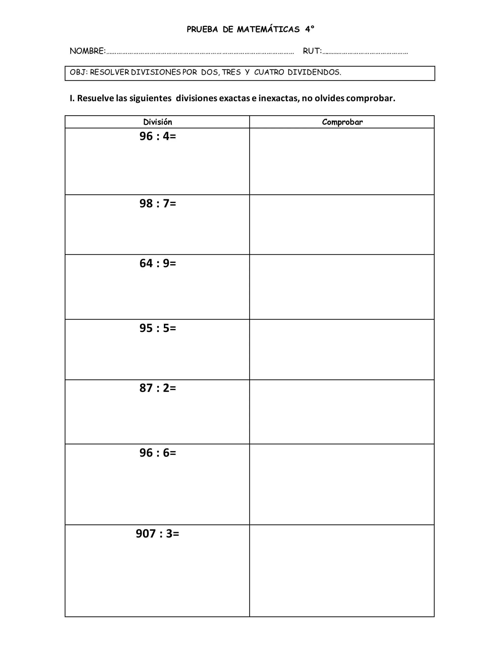 Prueba nº 5 diviciones por 2 y 4 digitos 4º basico | PDF