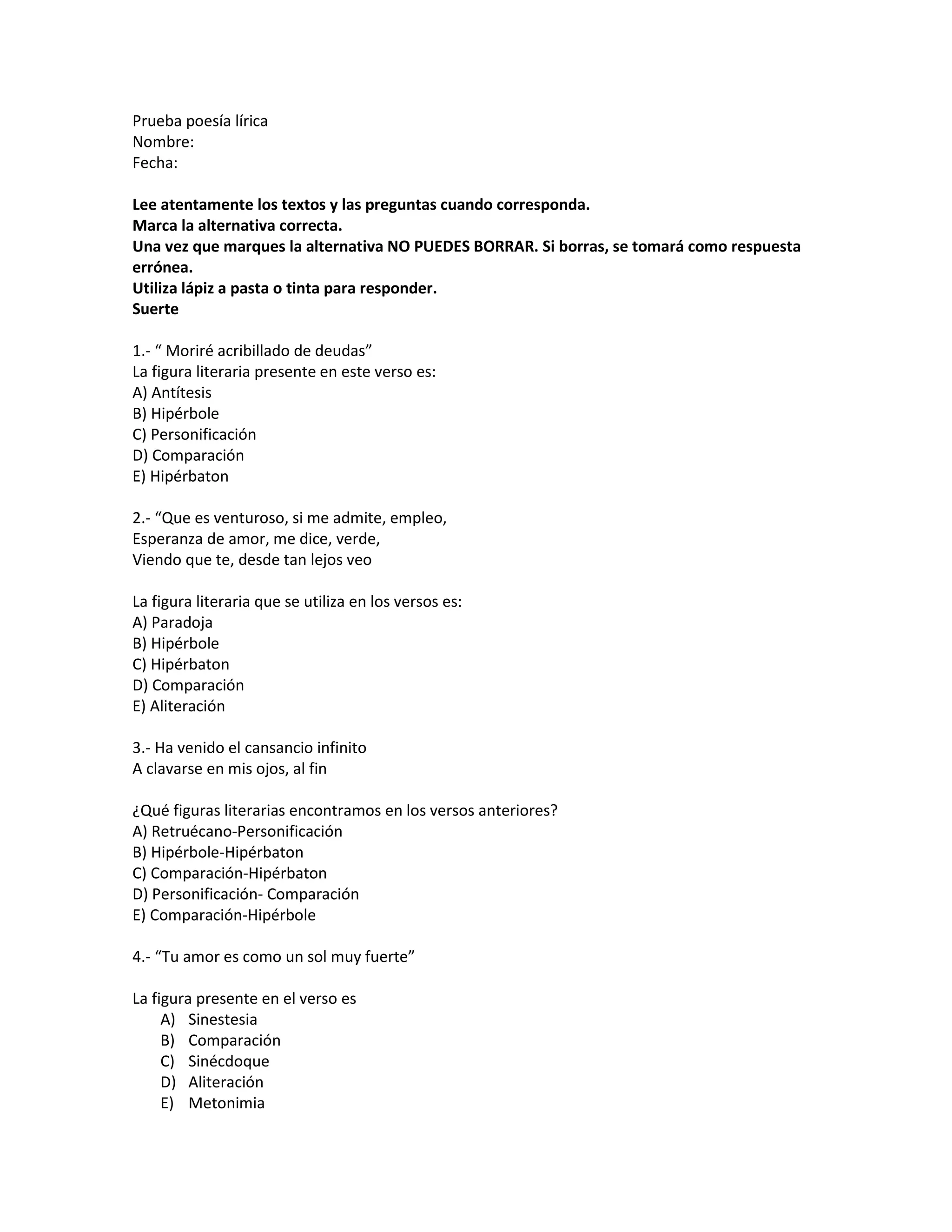 Prueba Poesía Lírica | DOCX