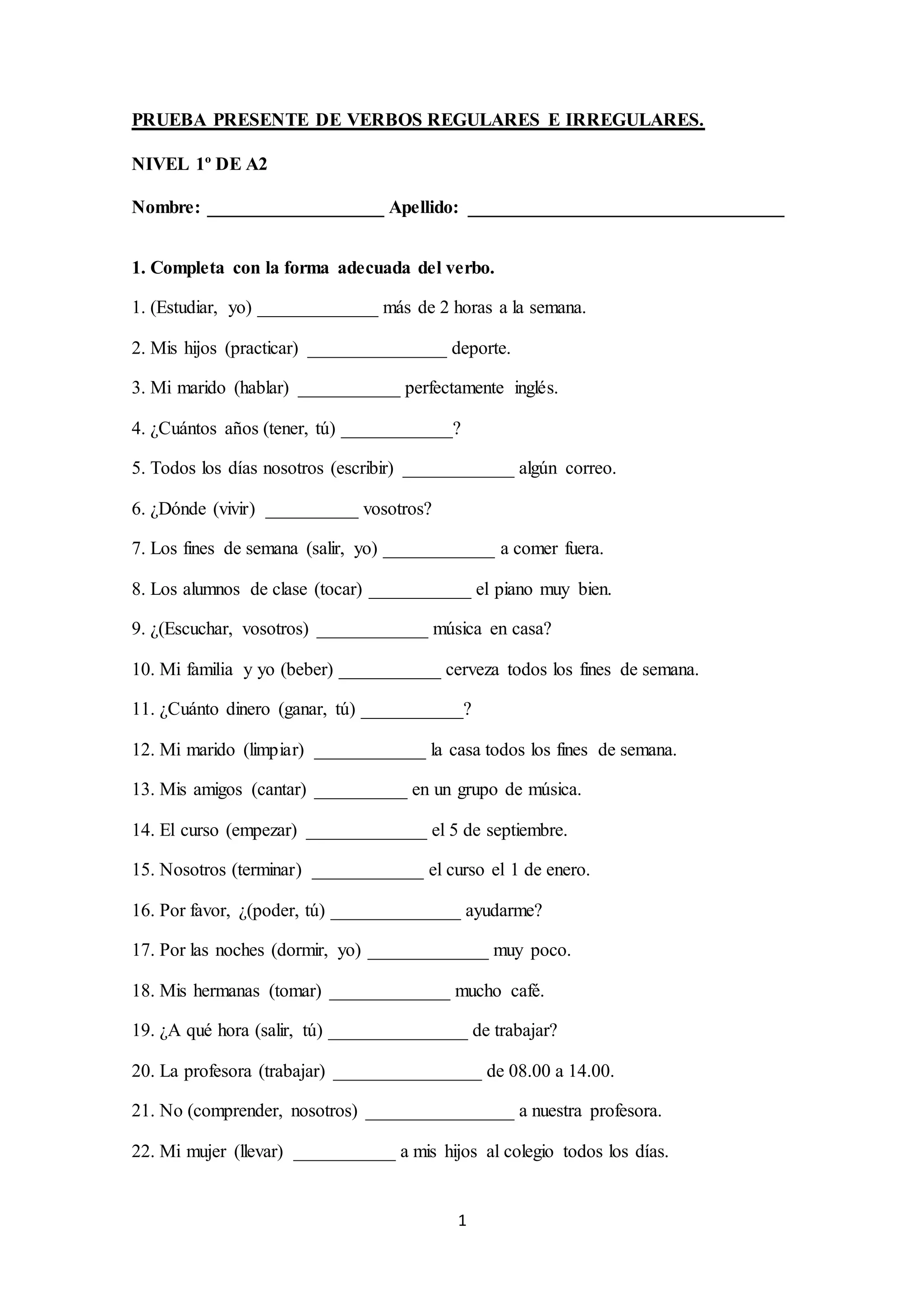 Prueba presente de verbos regulares e irregulares | DOCX
