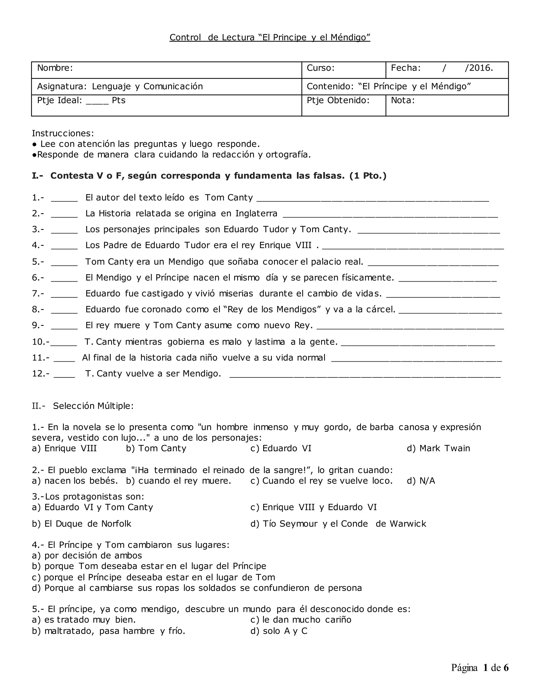 Prueba principe y el mendigo | DOCX