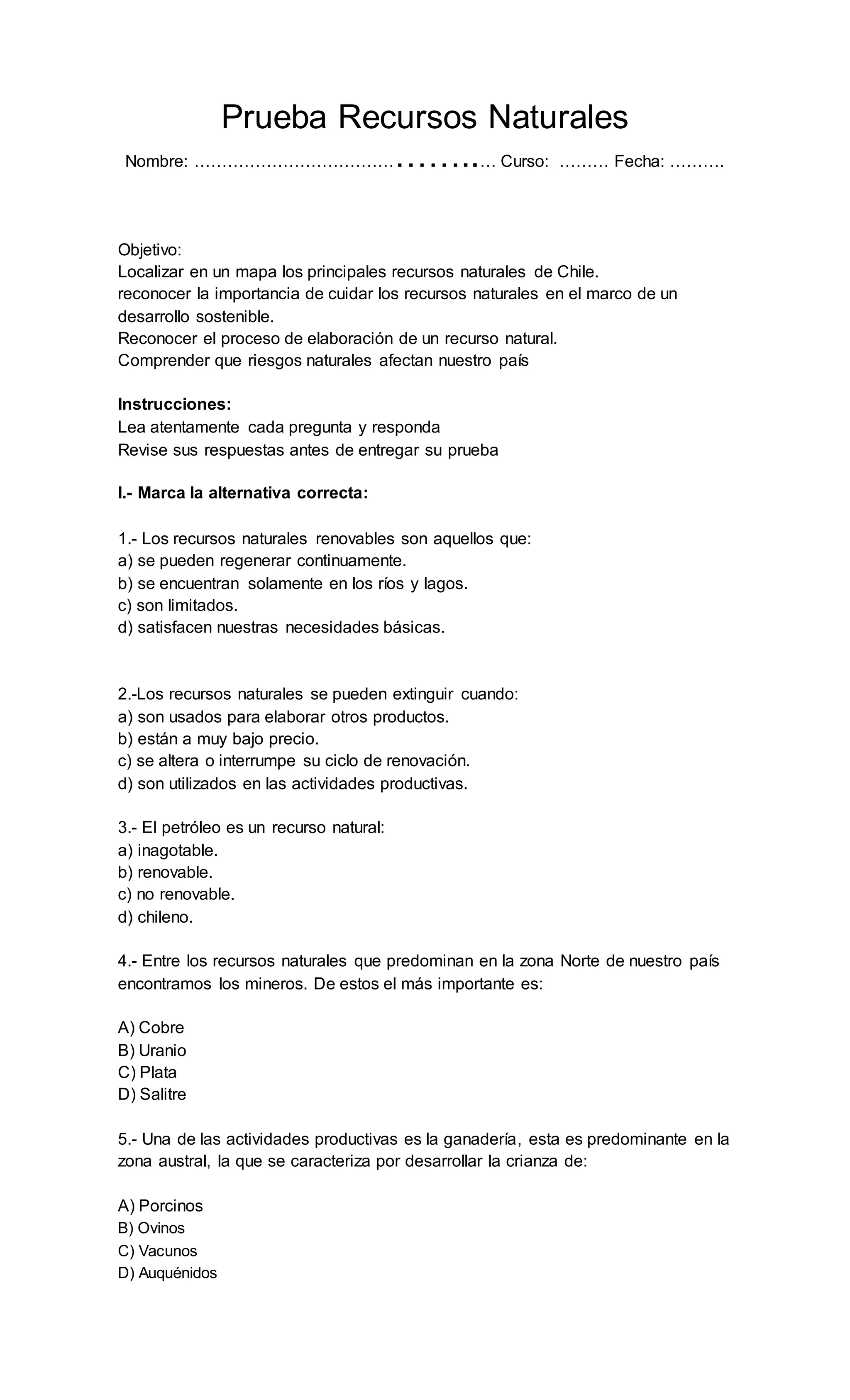 Prueba recursos naturales | DOCX