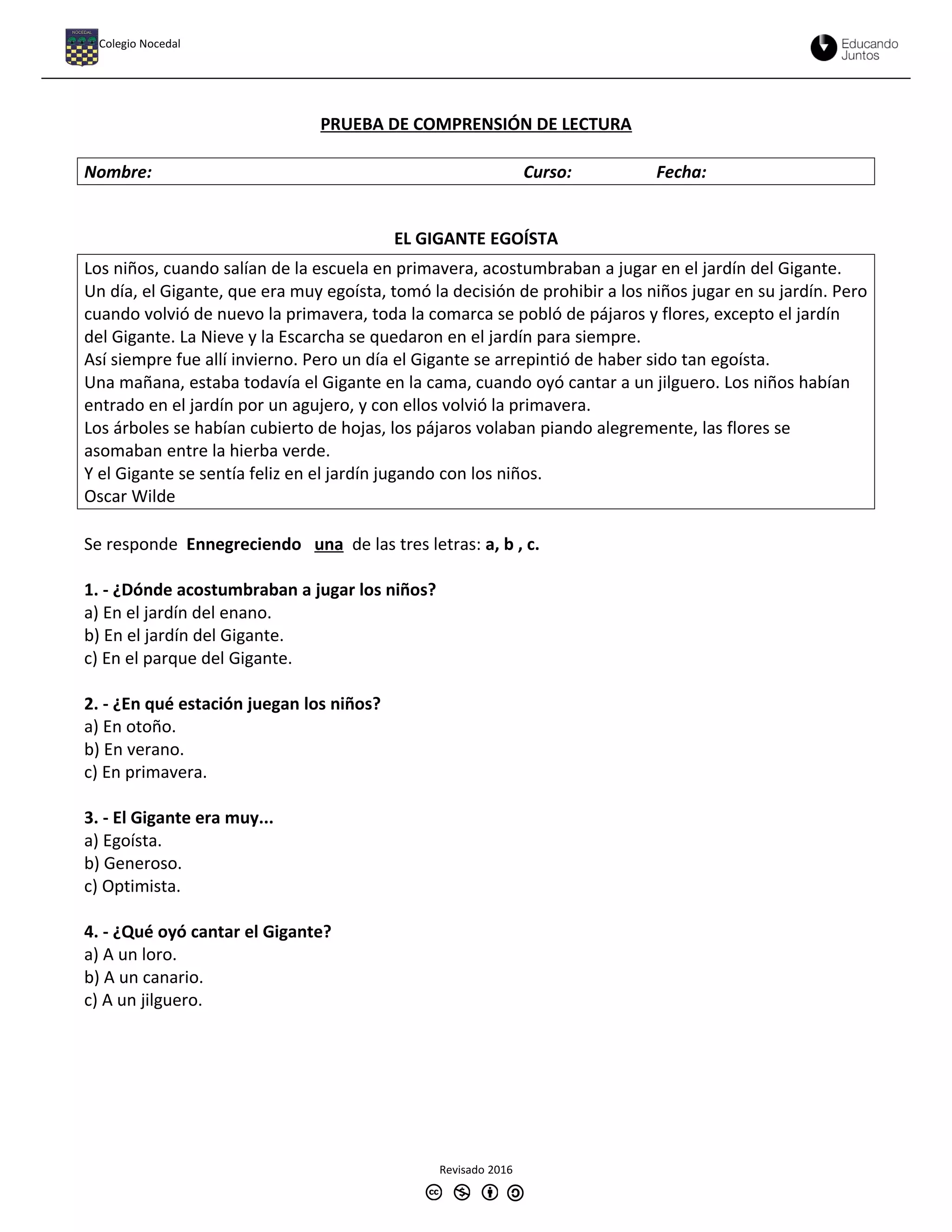 Pruebas de-comprension-lectora-4-basico | DOC