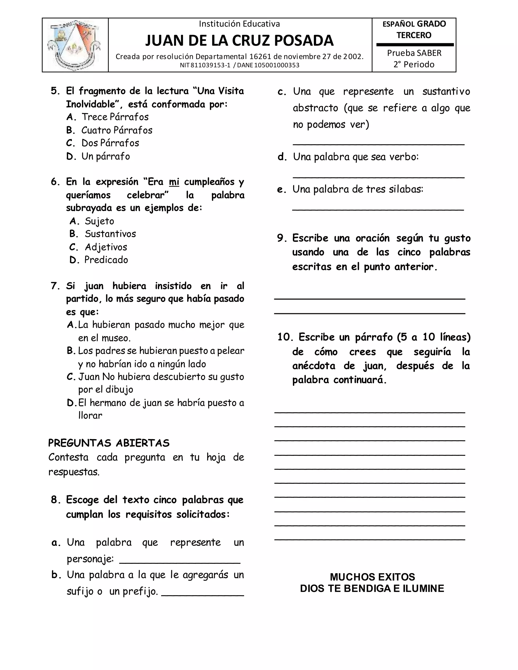 Prueba saber 3 periodo ii español | DOCX