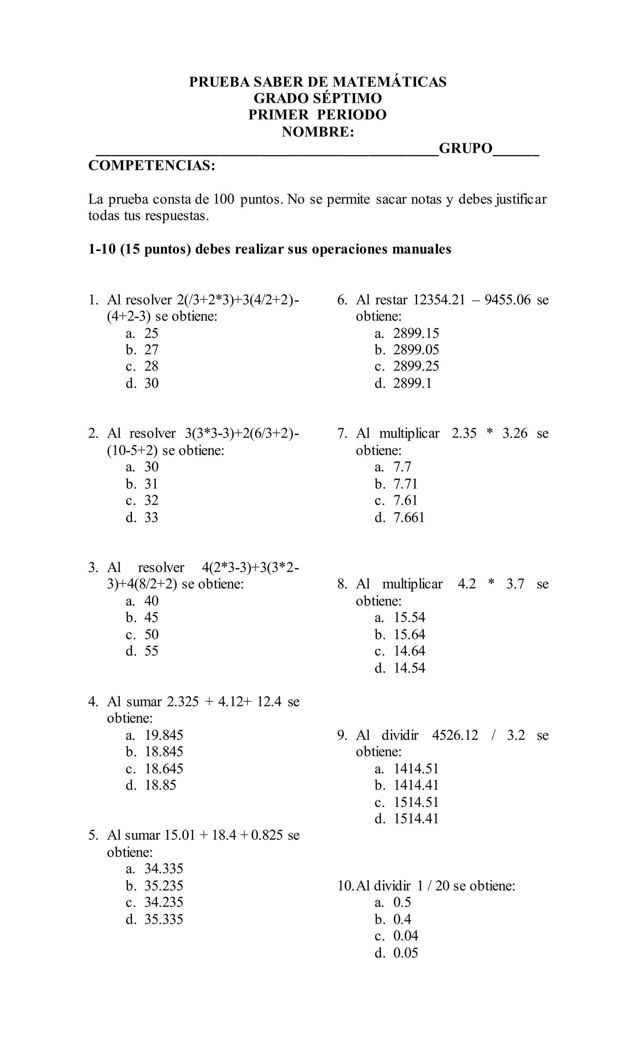 Prueba saber de matemáticas septimo | DOCX
