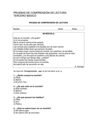 Pruebas de comprensión de lectura 3° | PDF