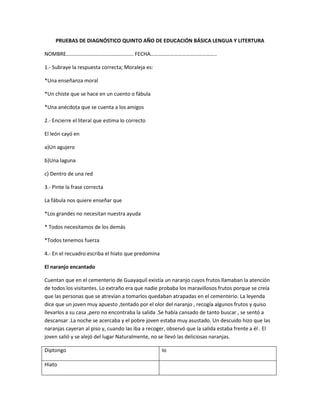 Pruebas de diagnóstico quinto año de educación básica lengua y ...