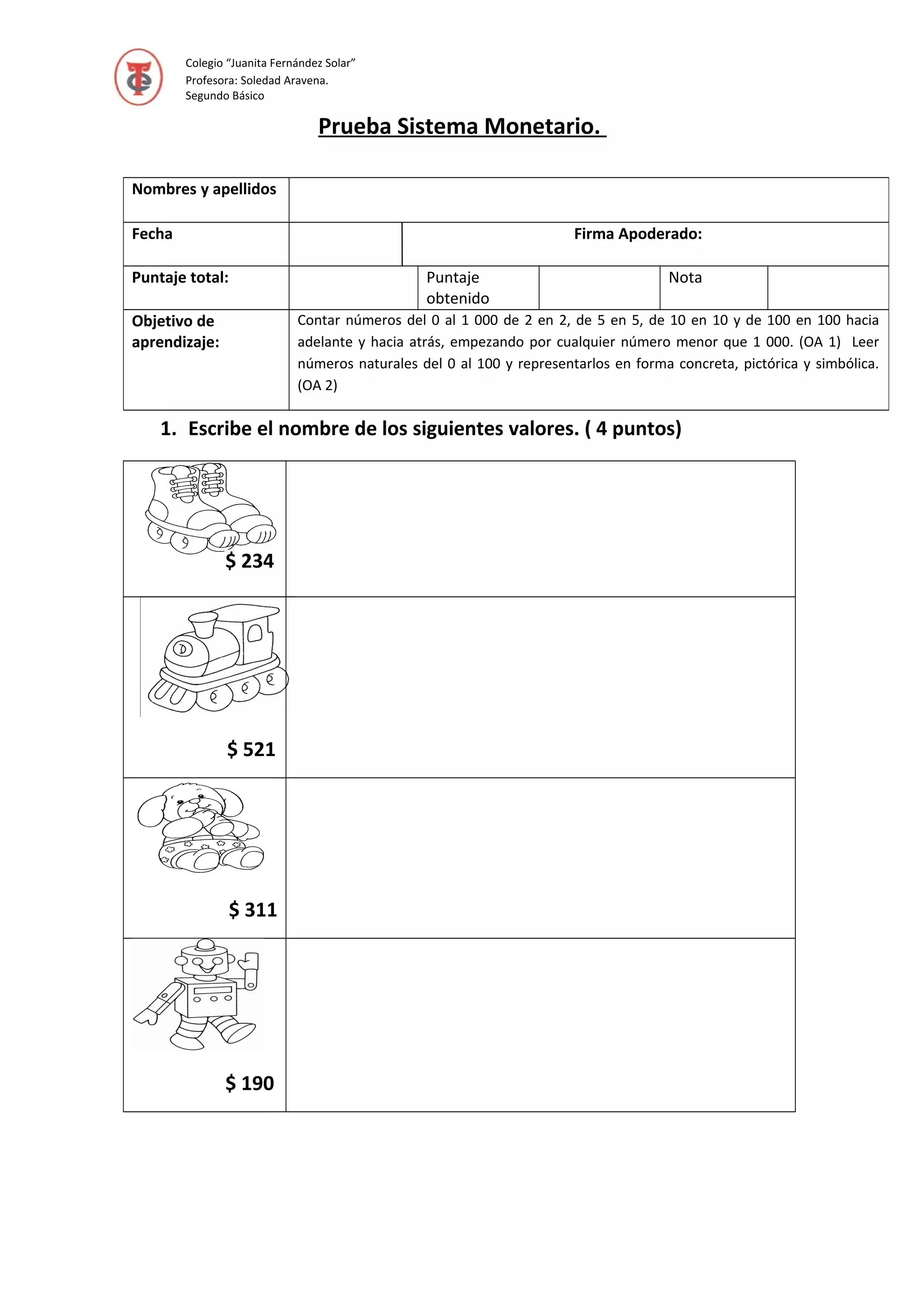 Prueba sistema monetario. 2º básico | DOC