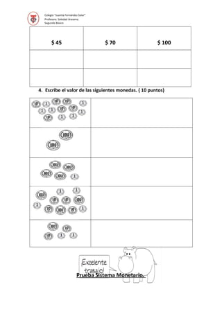 Prueba sistema monetario. 2º básico | PDF