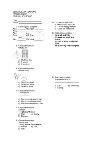 Pruebas saber ingles 3° y 4° | DOCX