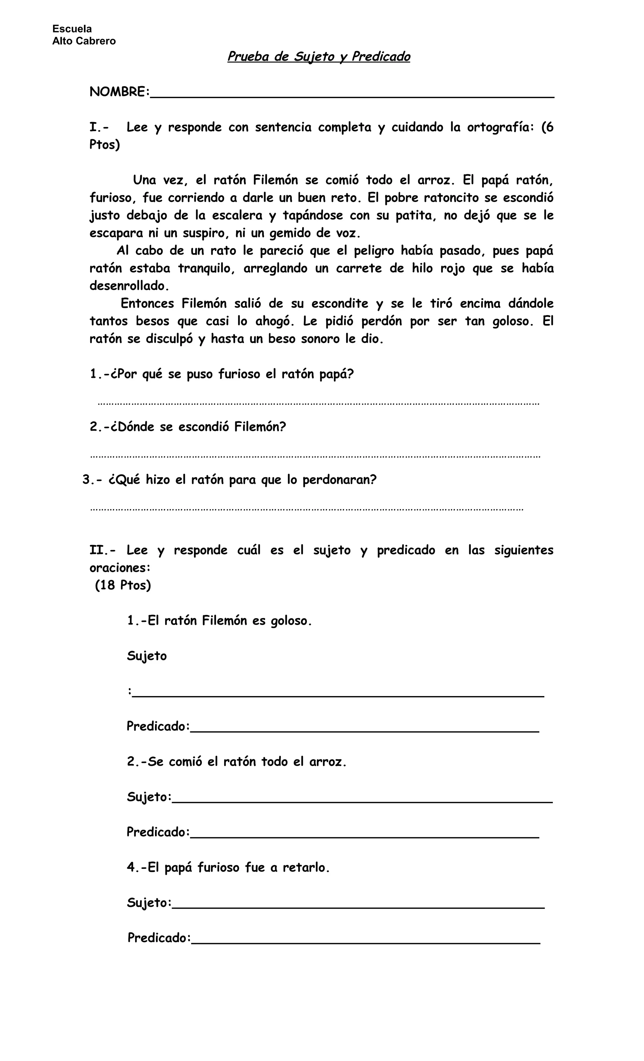 Prueba sujeto y predicado () | DOC