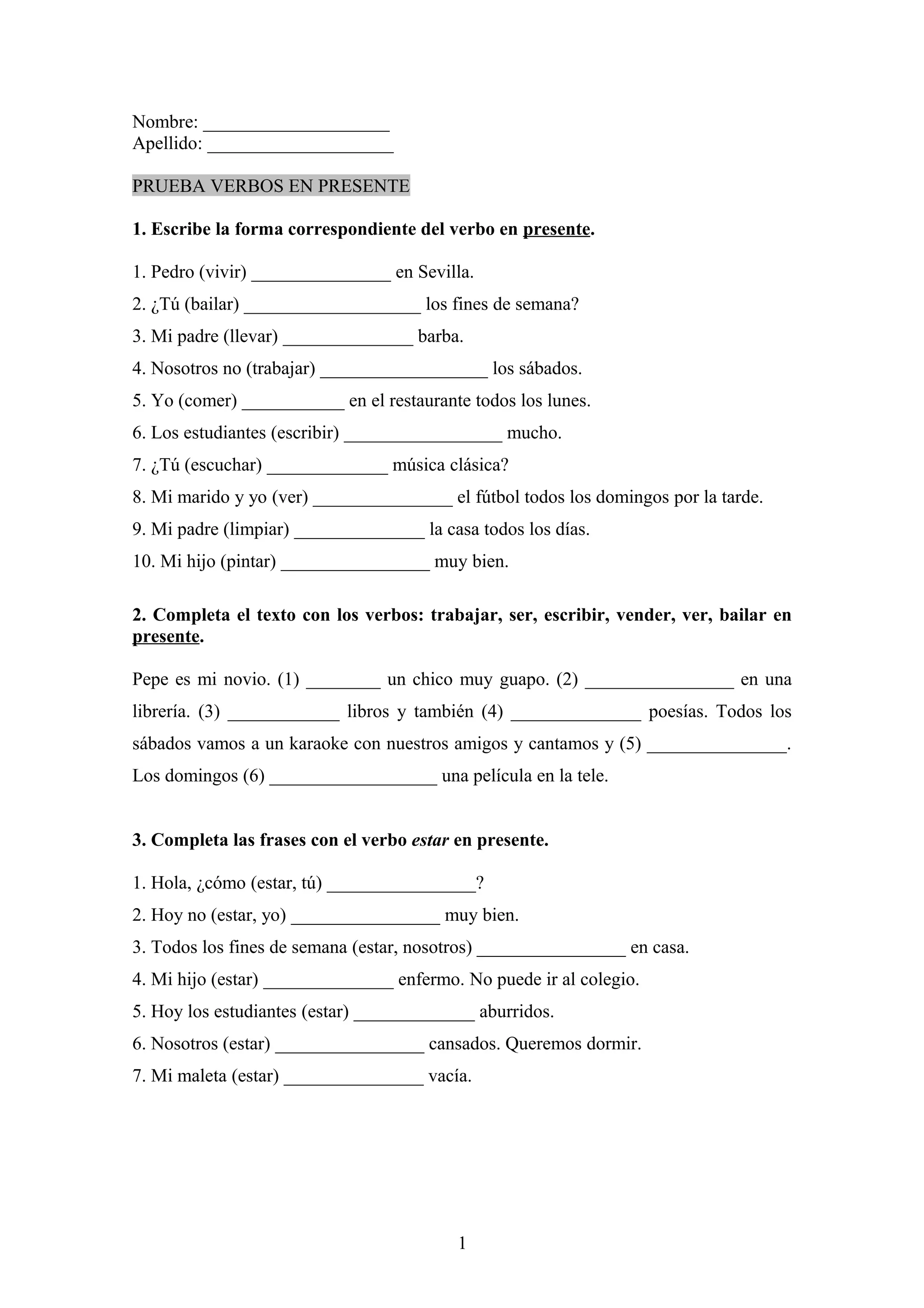 Prueba verbos basico 2 | PDF