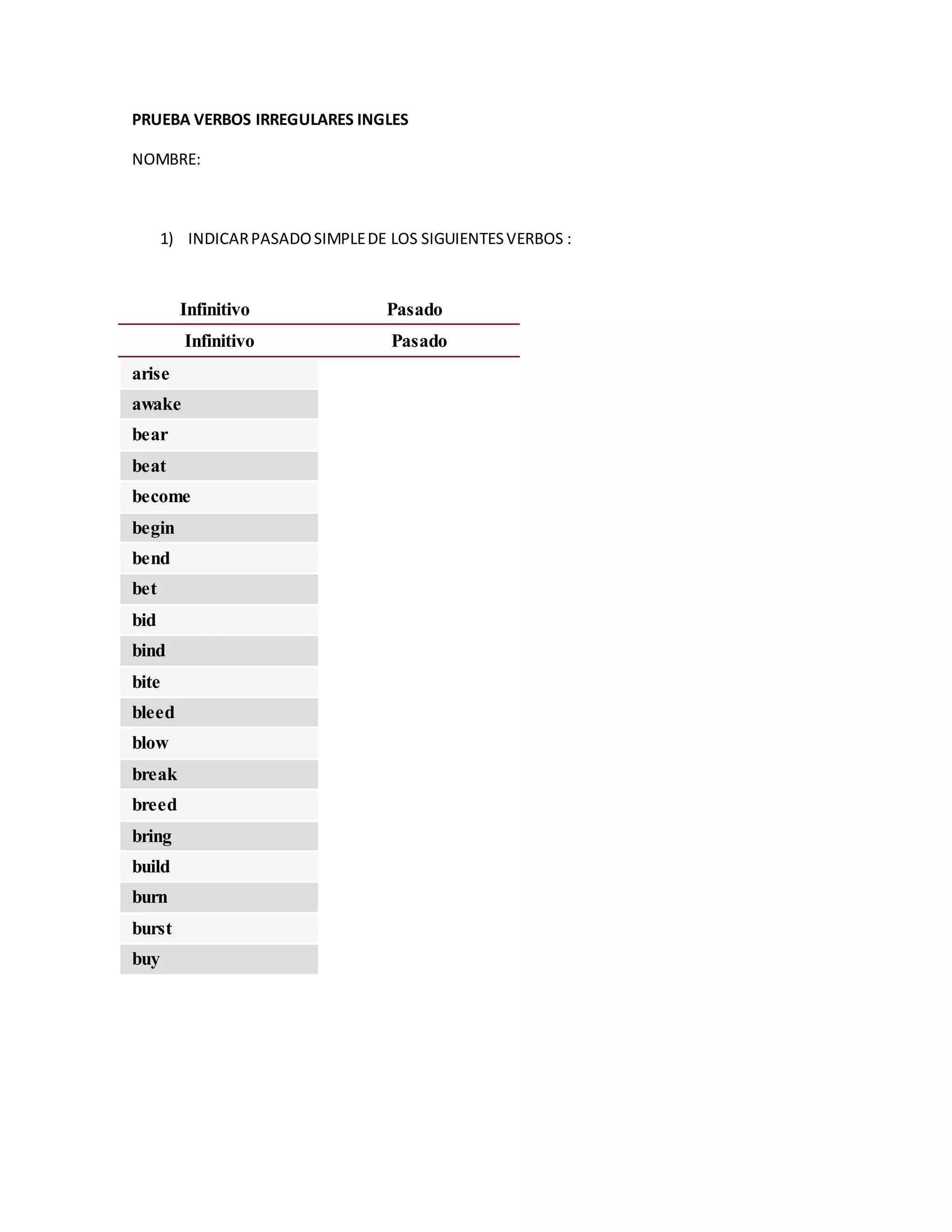 Prueba verbos irregulares ingles | DOCX