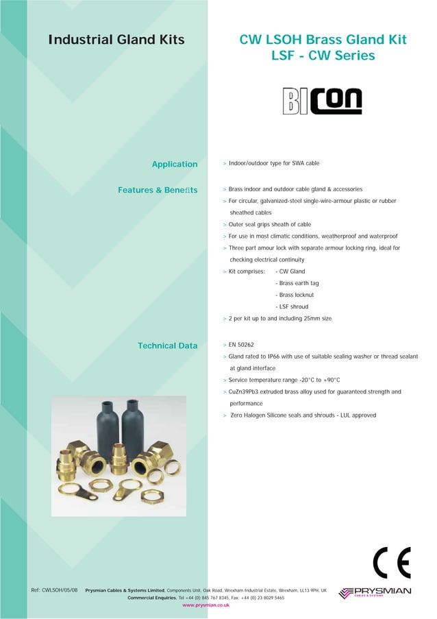 Prysmian CW20S LSF BICON Glands 8.0-15.8mm Cable OD's | PDF