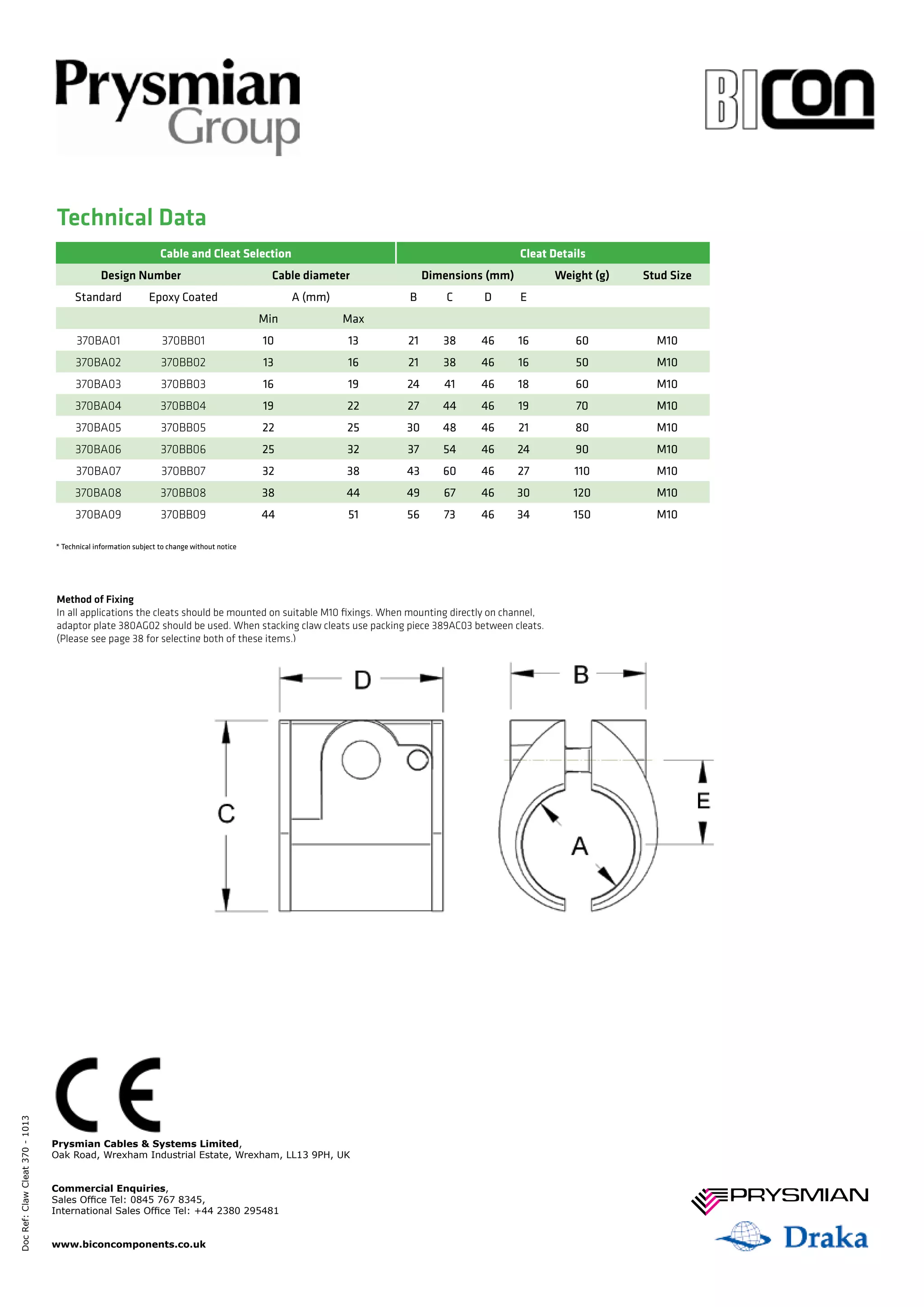 Prysmian BICON 370 Claw Cable Cleats - Spec Sheet | PDF