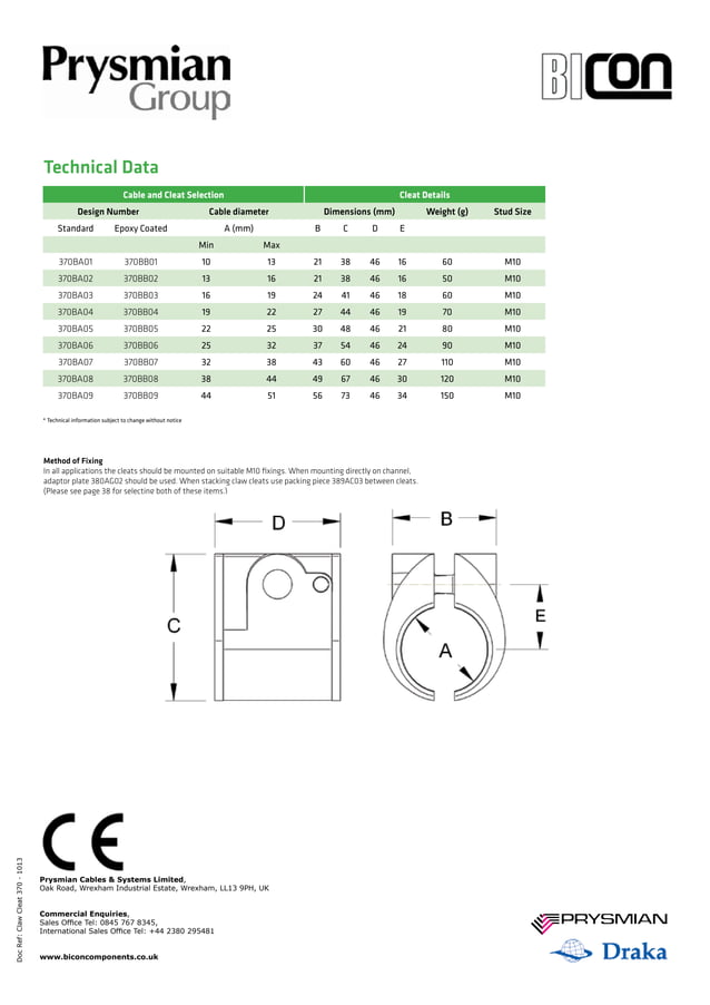 Prysmian BICON 370 Claw Cable Cleats - Spec Sheet | PDF