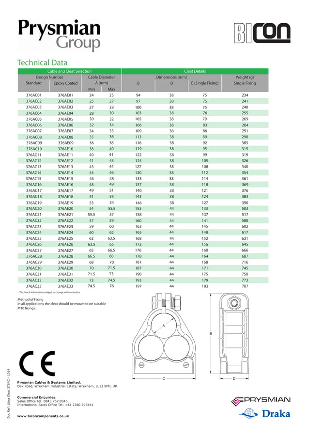 Prysmian BICON 376AC Libra Cable Cleats - Spec Sheet | PDF