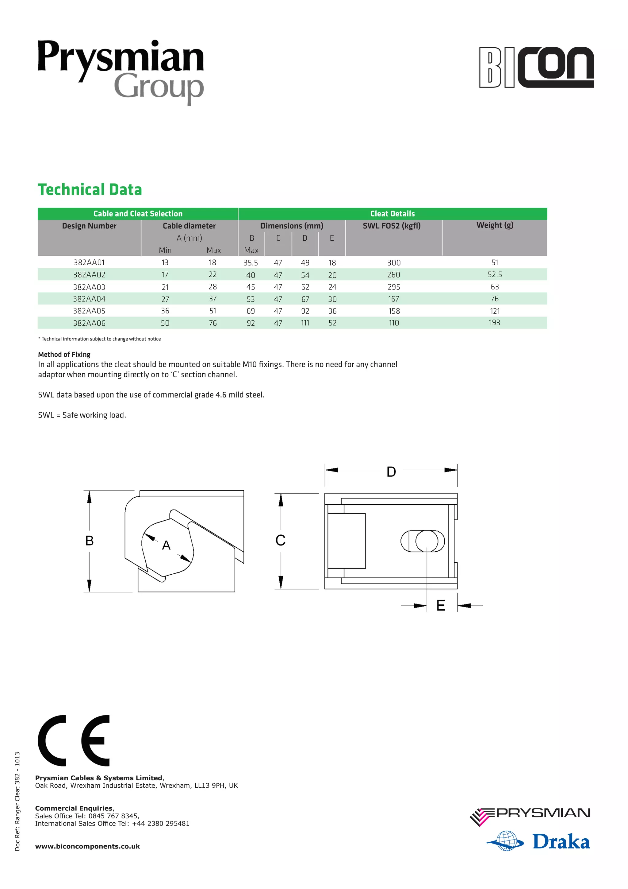 Prysmian BICON 382 Ranger Cable Cleats - Spec Sheet | PDF