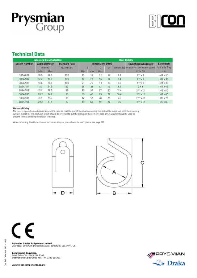 Prysmian Bicon Cable Cleats - Prysmian Telcleat 385 Series | PDF