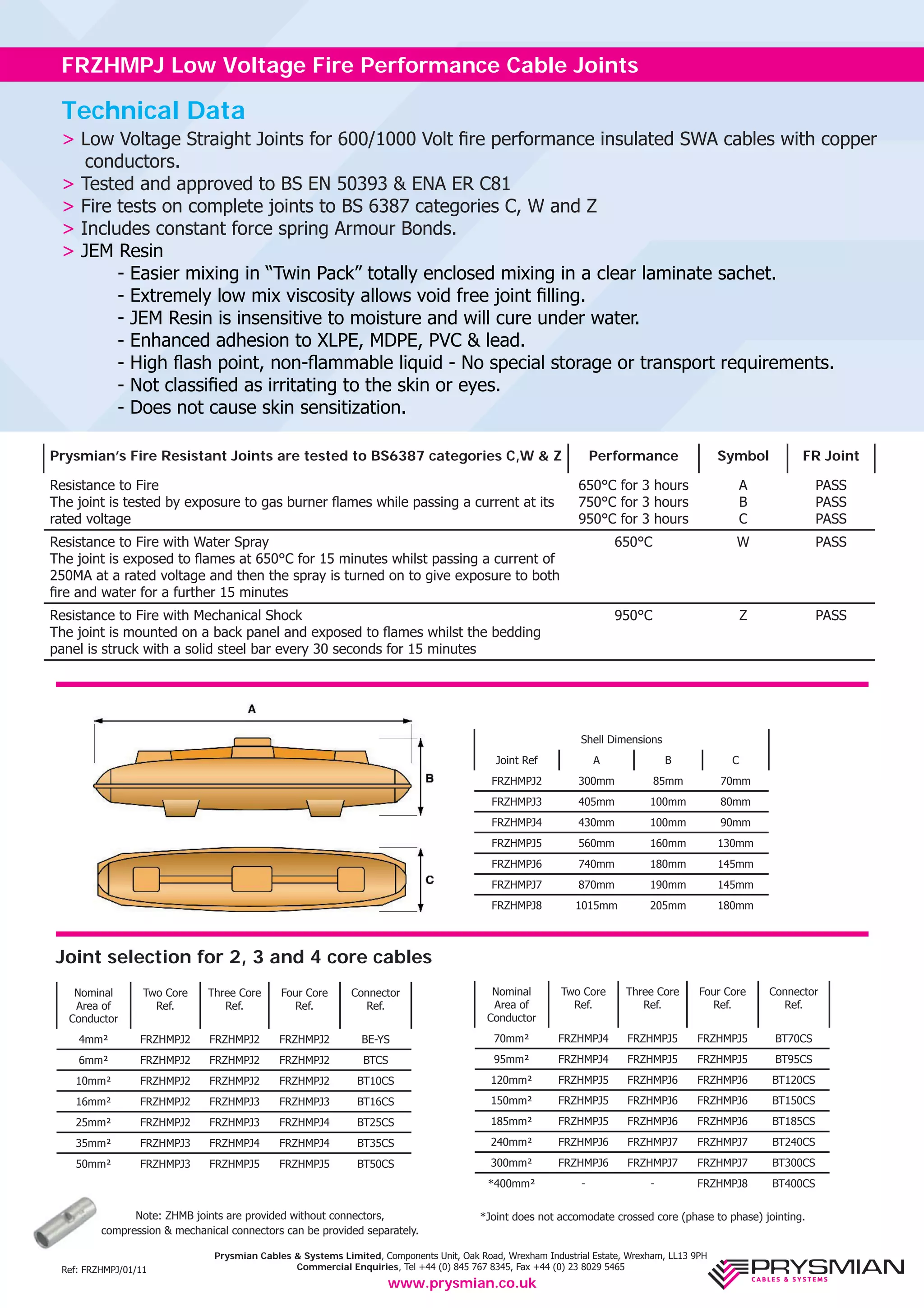 Prysmian FRZHMPJ Low Voltage Fire Performance Cable Joint Kits | PDF