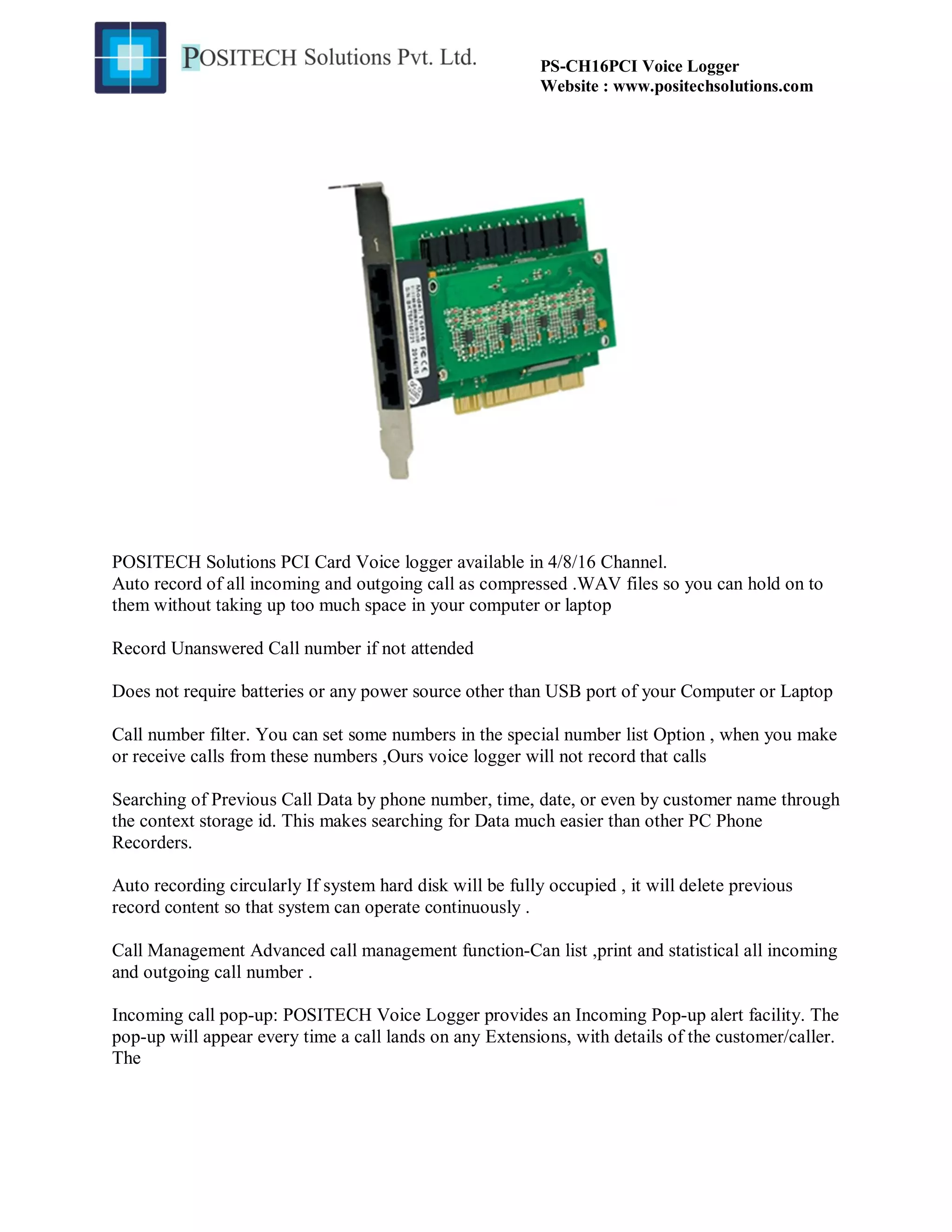 POSITECH 16 Line Telephone Call Recording Device | PDF