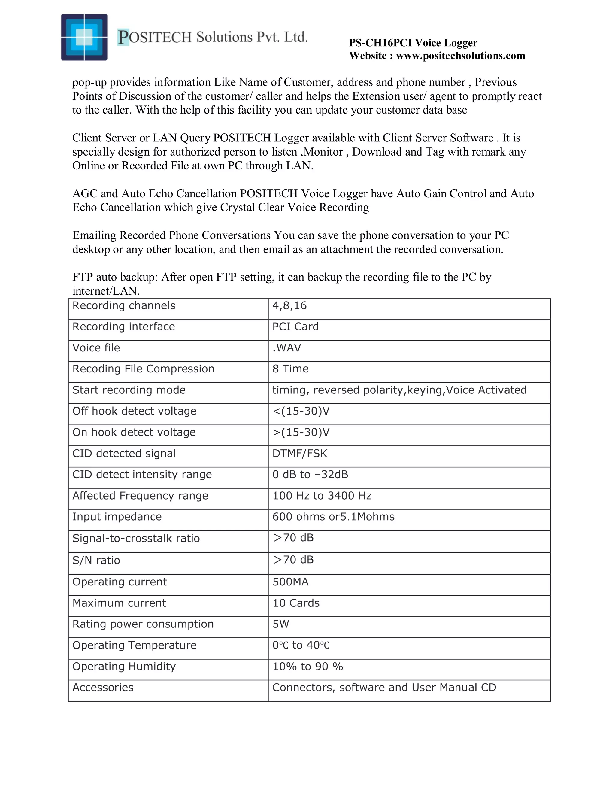 POSITECH 16 Line Telephone Call Recording Device | PDF