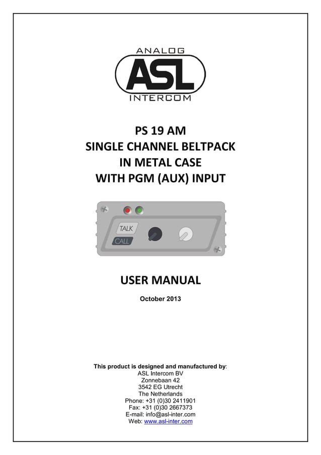 ASL Intercom PS-19AM 1-channel beltpacks wth program (AUX) input | PDF