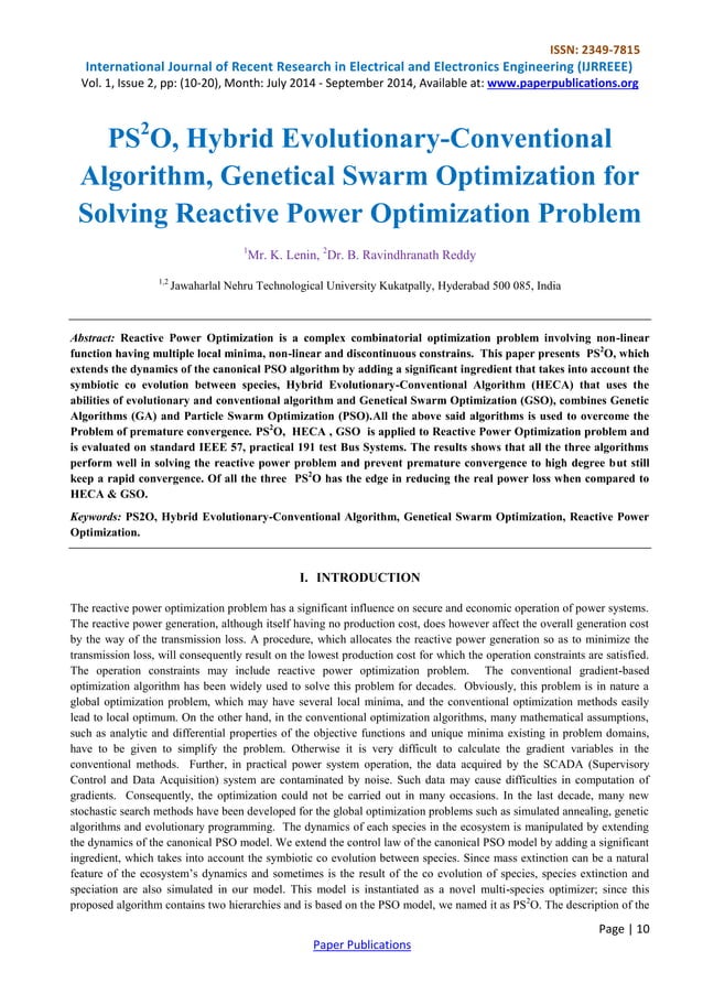 PS2O, Hybrid Evolutionary-Conventional Algorithm, Genetical Swarm Optimization for Solving ...