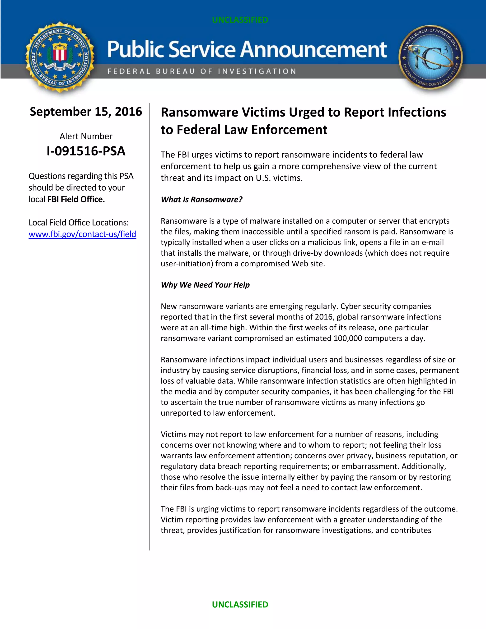 HCA 530, Week2, Psa i-091516-ransomware notice from fbi | PDF