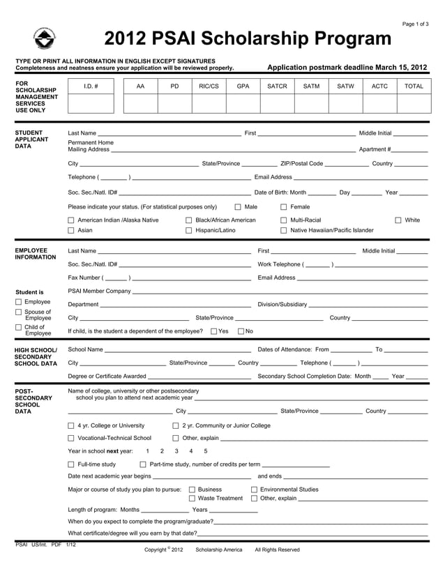 Psai2012 scholarshipapp | PDF | Resume Writing and Advice | Job Search