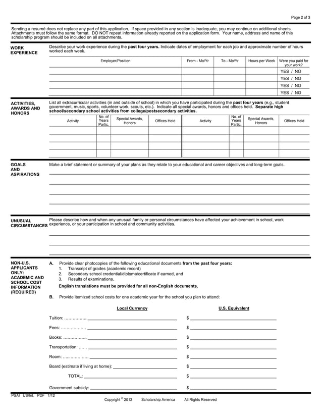 Psai2012 scholarshipapp | PDF | Resume Writing and Advice | Job Search