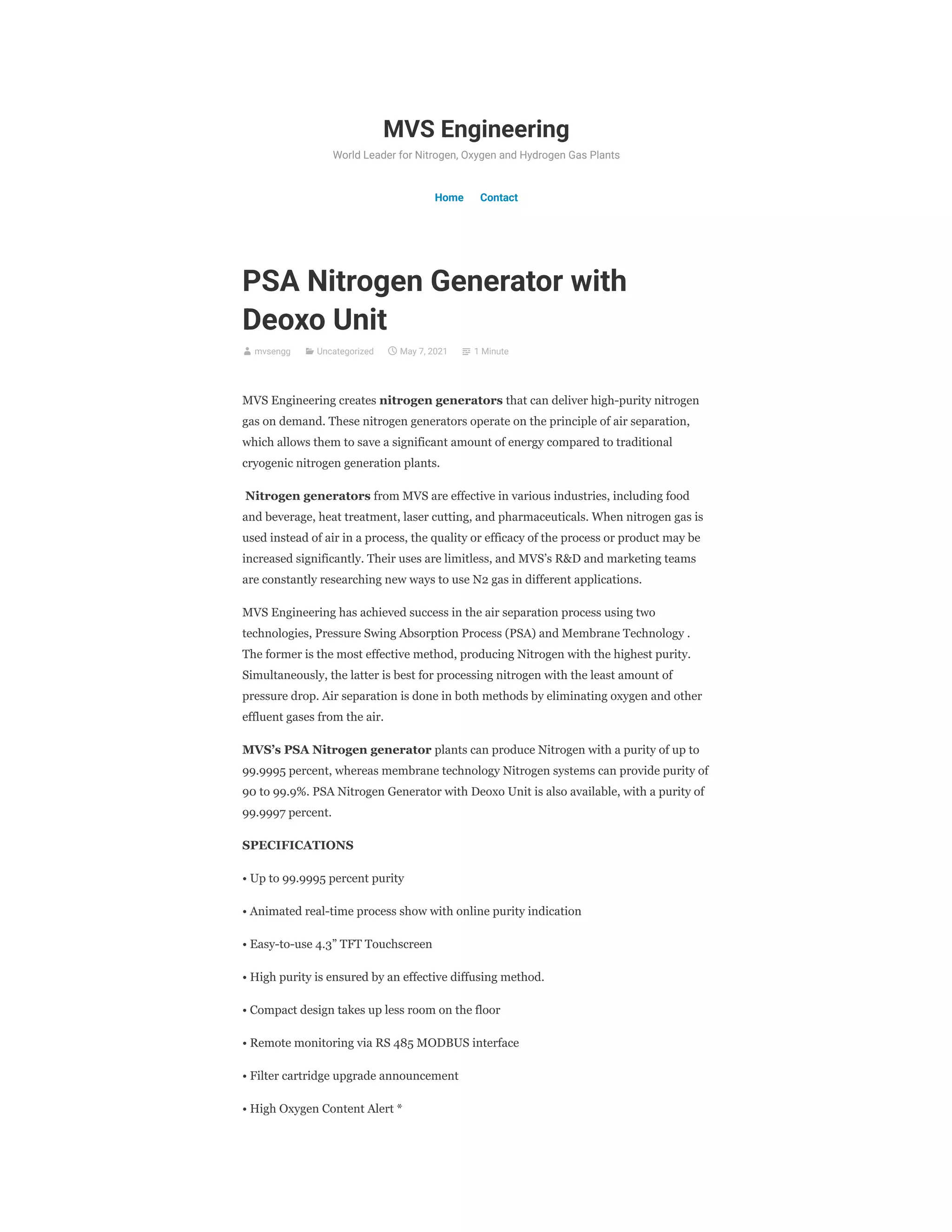 Psa nitrogen generator with deoxo unit | PDF