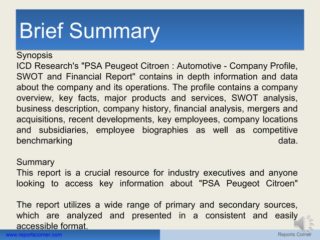 PSA Peugeot Citroen Automotive Company Profile, SWOT and Financial ...
