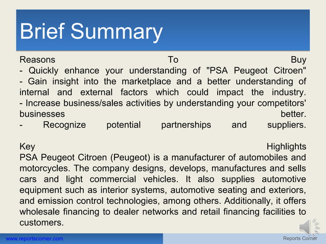 PSA Peugeot Citroen Automotive Company Profile, SWOT and Financial ...