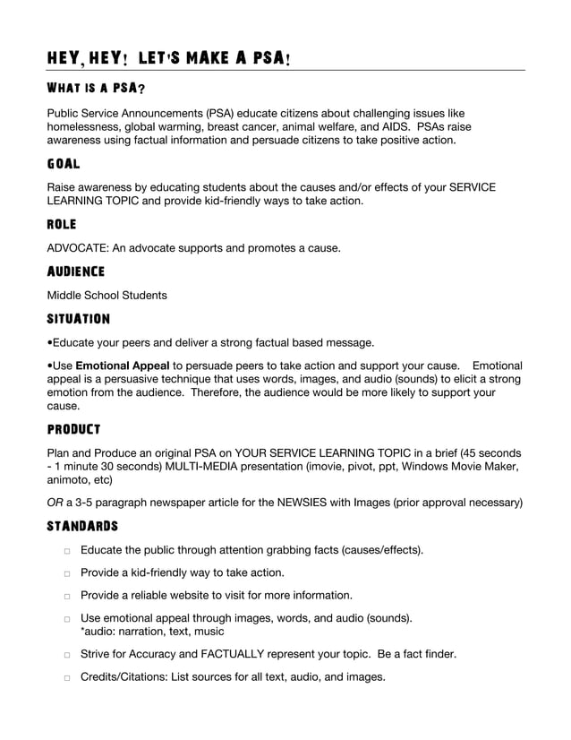 PSA DIRECTIONS & Practice Using Emotional Appeal | PDF