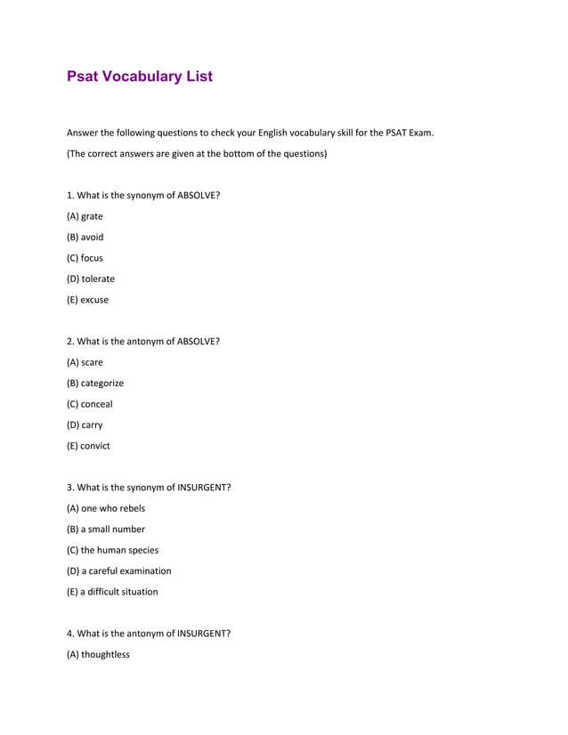 Psat Vocabulary List | PDF