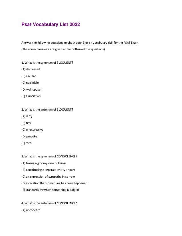 Psat Vocabulary List 2022 | PDF
