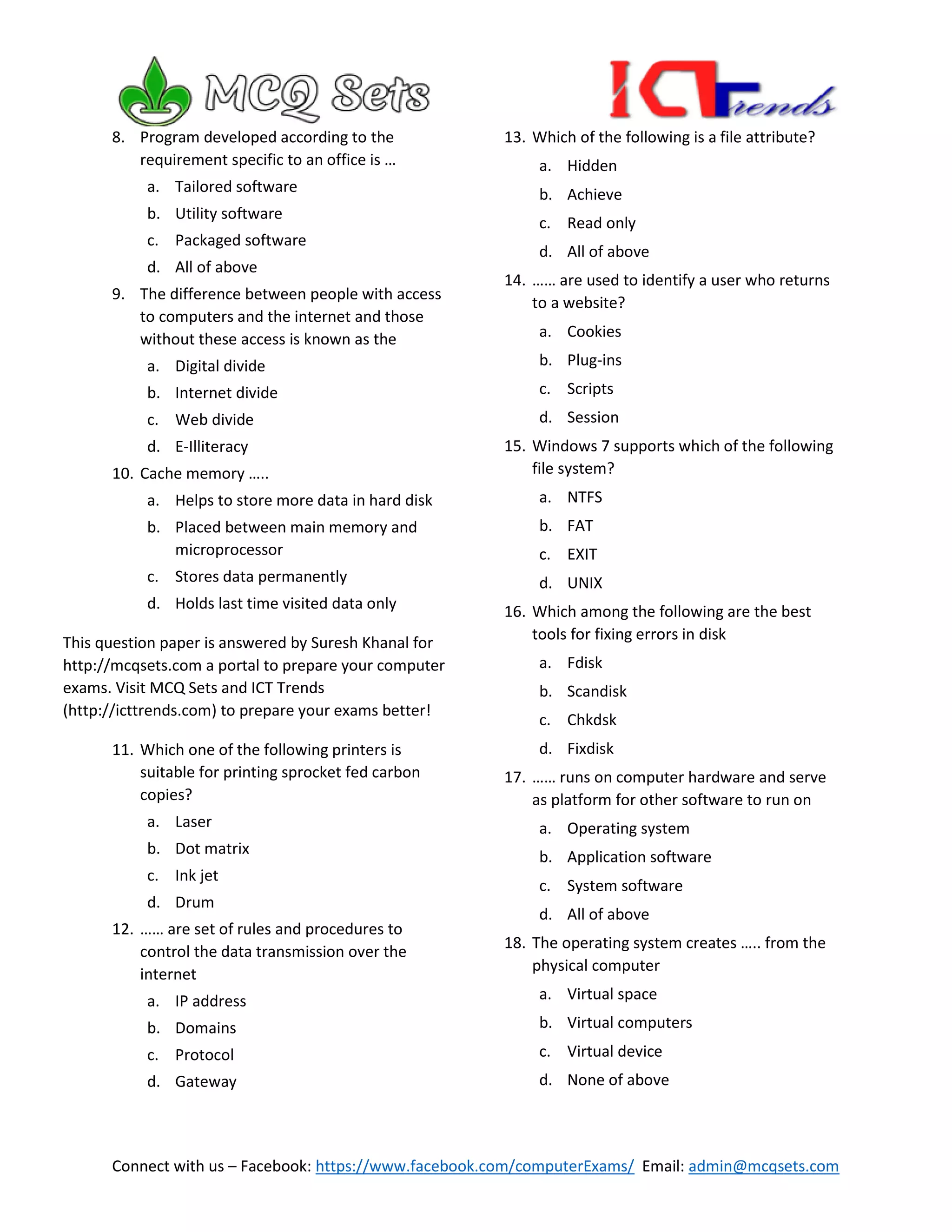 PSC Question Paper of Computer Operator Examination of 2016 | PDF